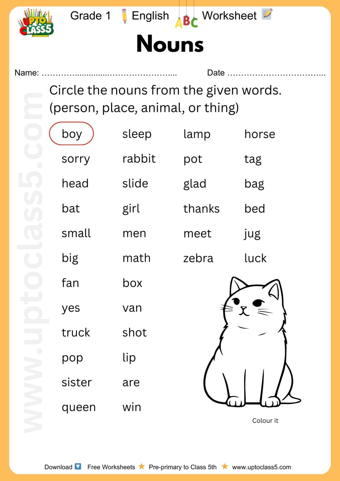 Grade 1 – English | Nouns | Worksheet no. 2745 - Upto Class 5