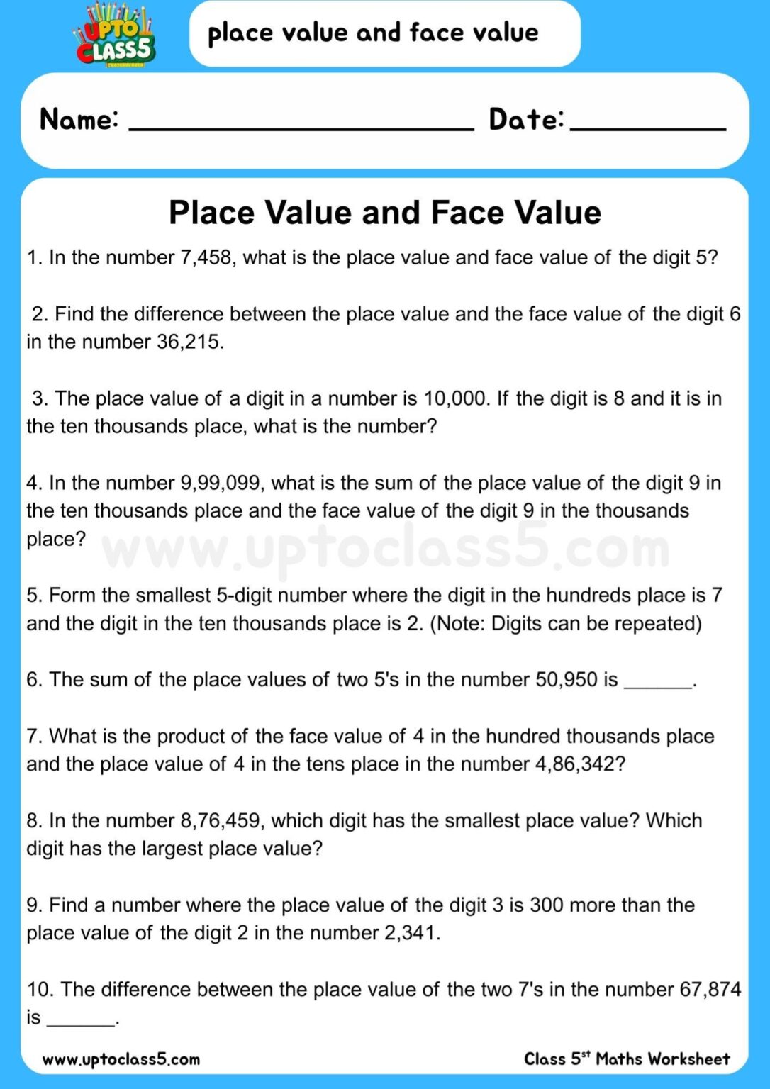 Class 5th Maths | Place Value and Face Value | Worksheet with Answer ...