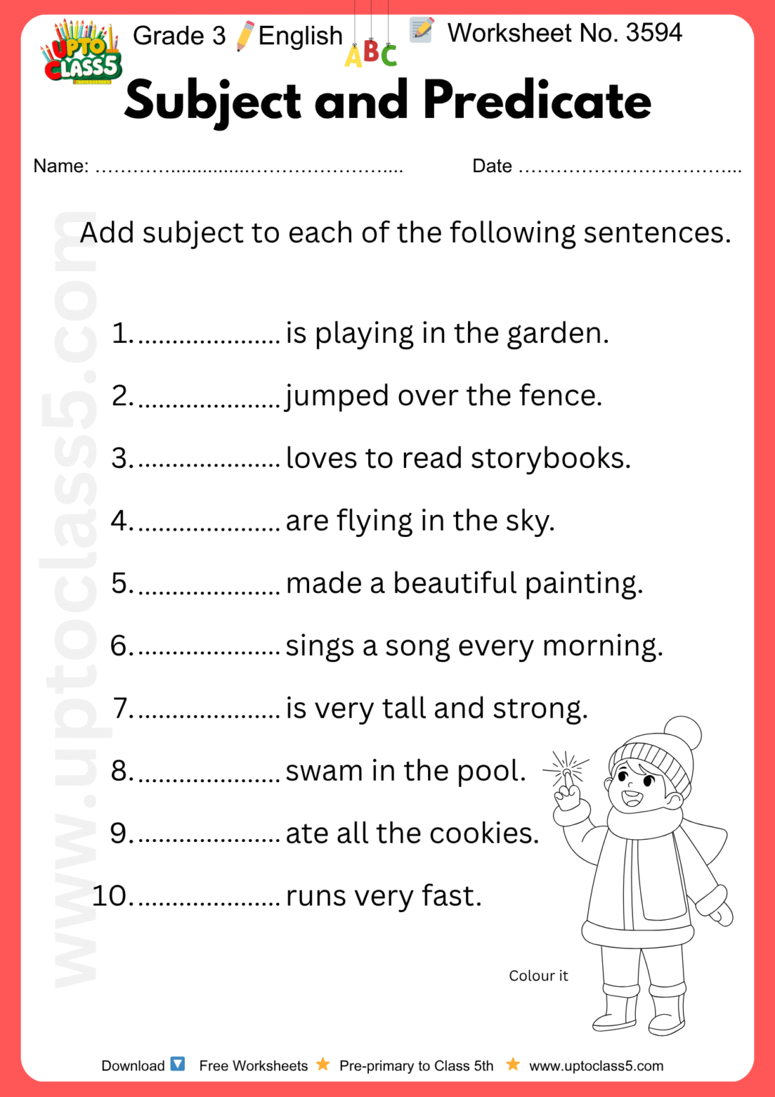 Grade 3 – English | Subject and Predicate | Worksheet no. 3594 - Upto ...