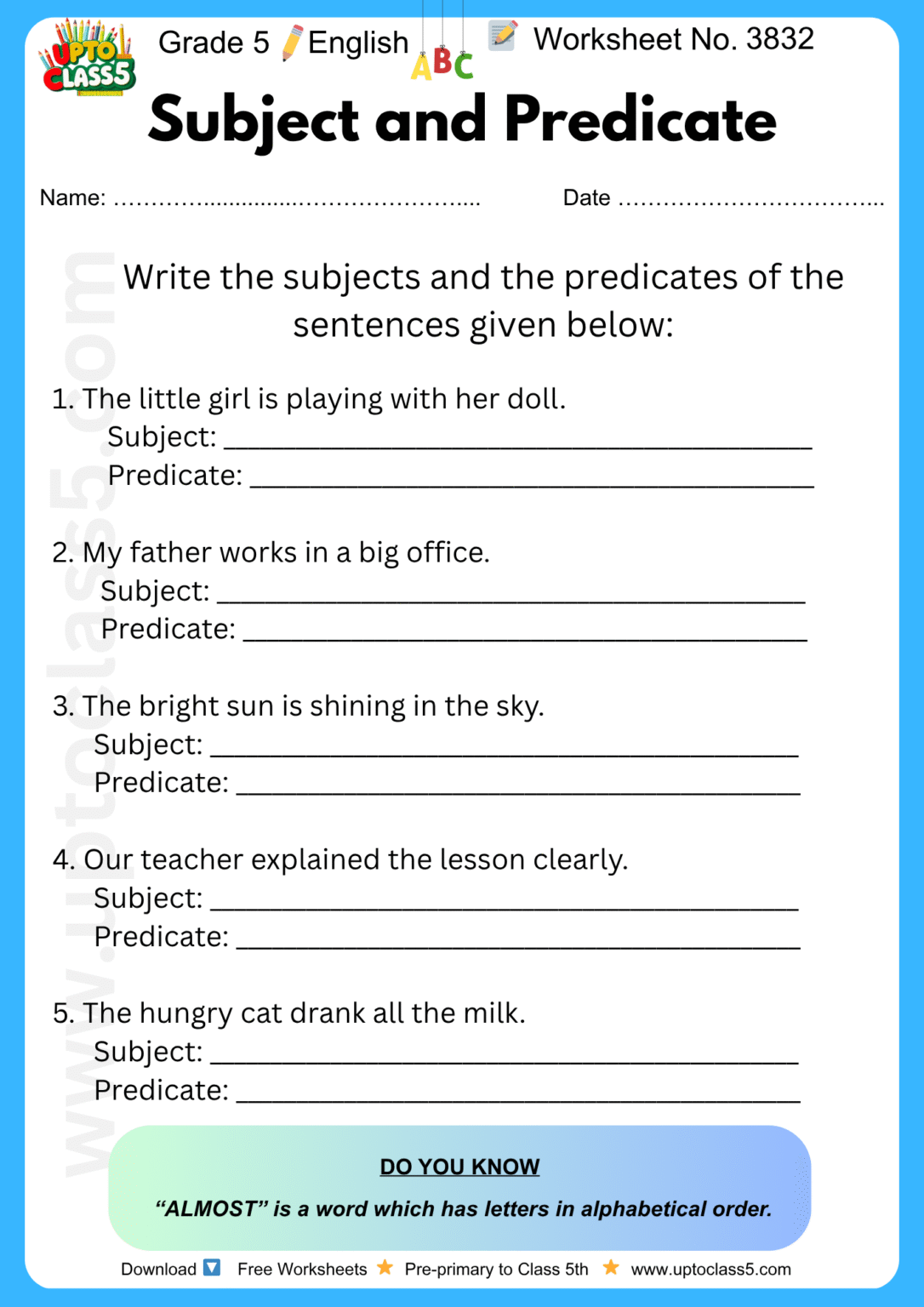 Grade 5 – English | Subject and Predicate | Worksheet no. 3832 - Upto ...