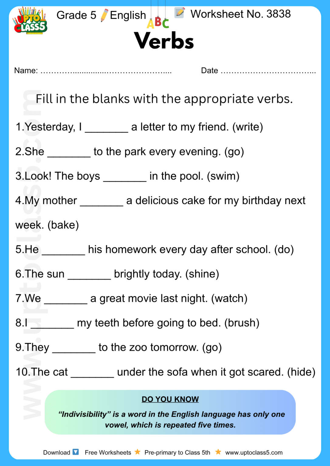 Grade 5 – English | Verbs | Worksheet no. 3838 - Upto Class 5