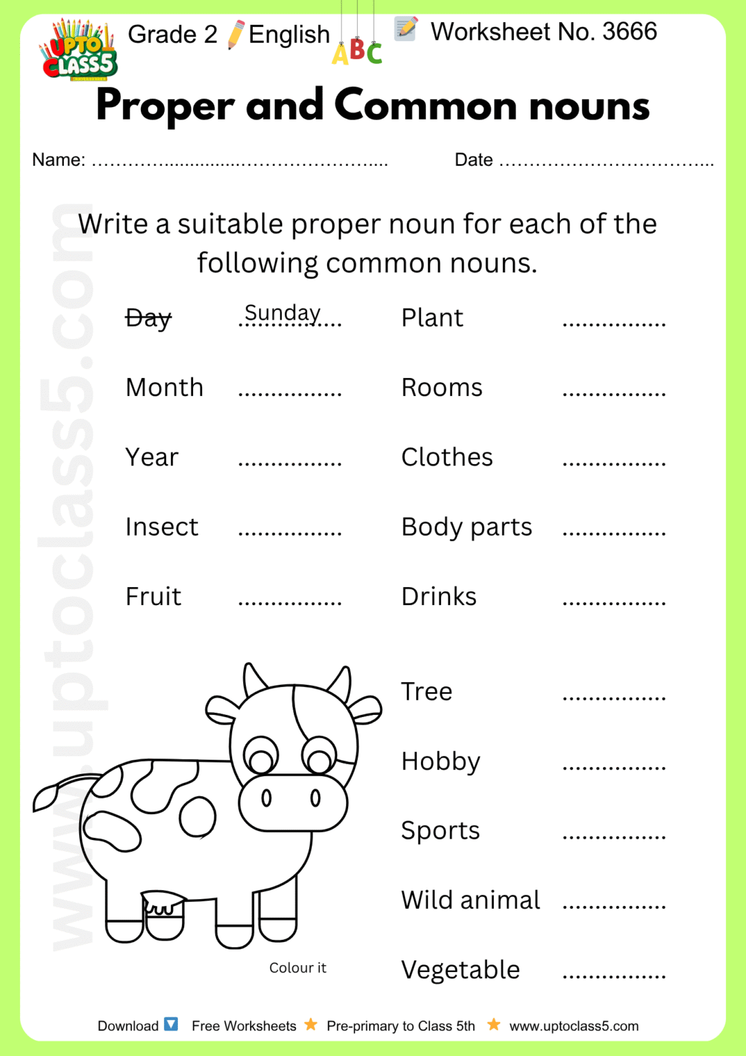 Grade 2 – English | Nouns | Worksheet no. 3666 - Upto Class 5