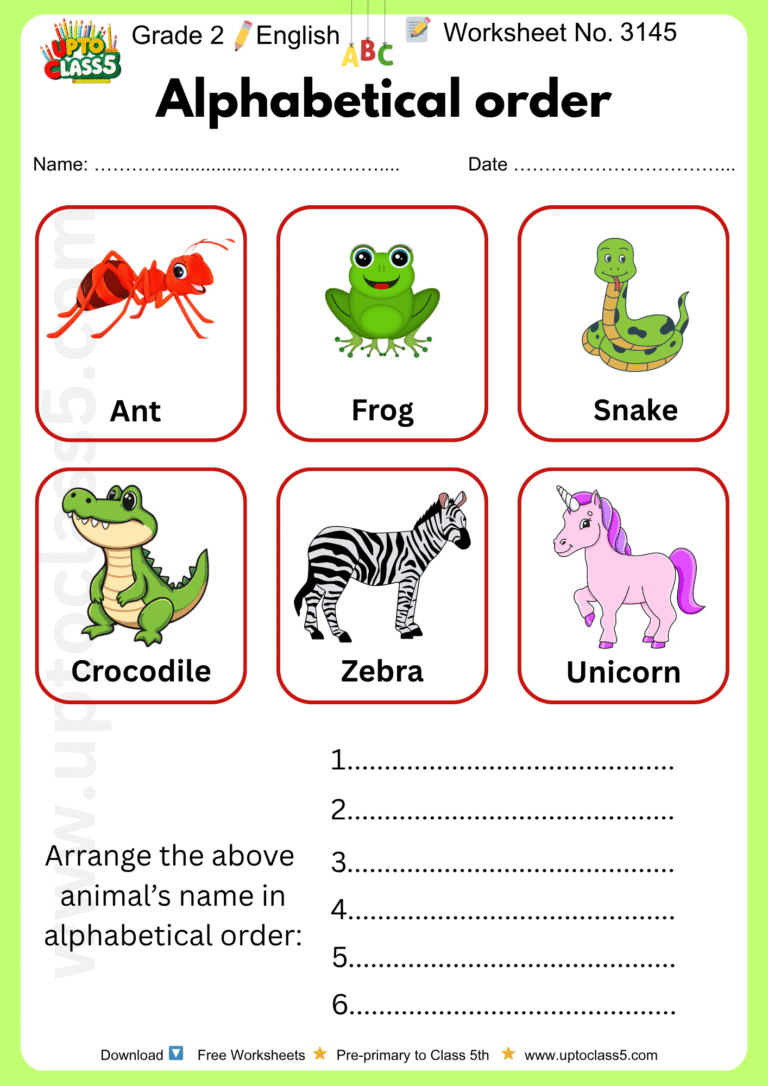 Grade 2 – English | Alphabetical Order | Worksheet no. 3145 - Upto Class 5