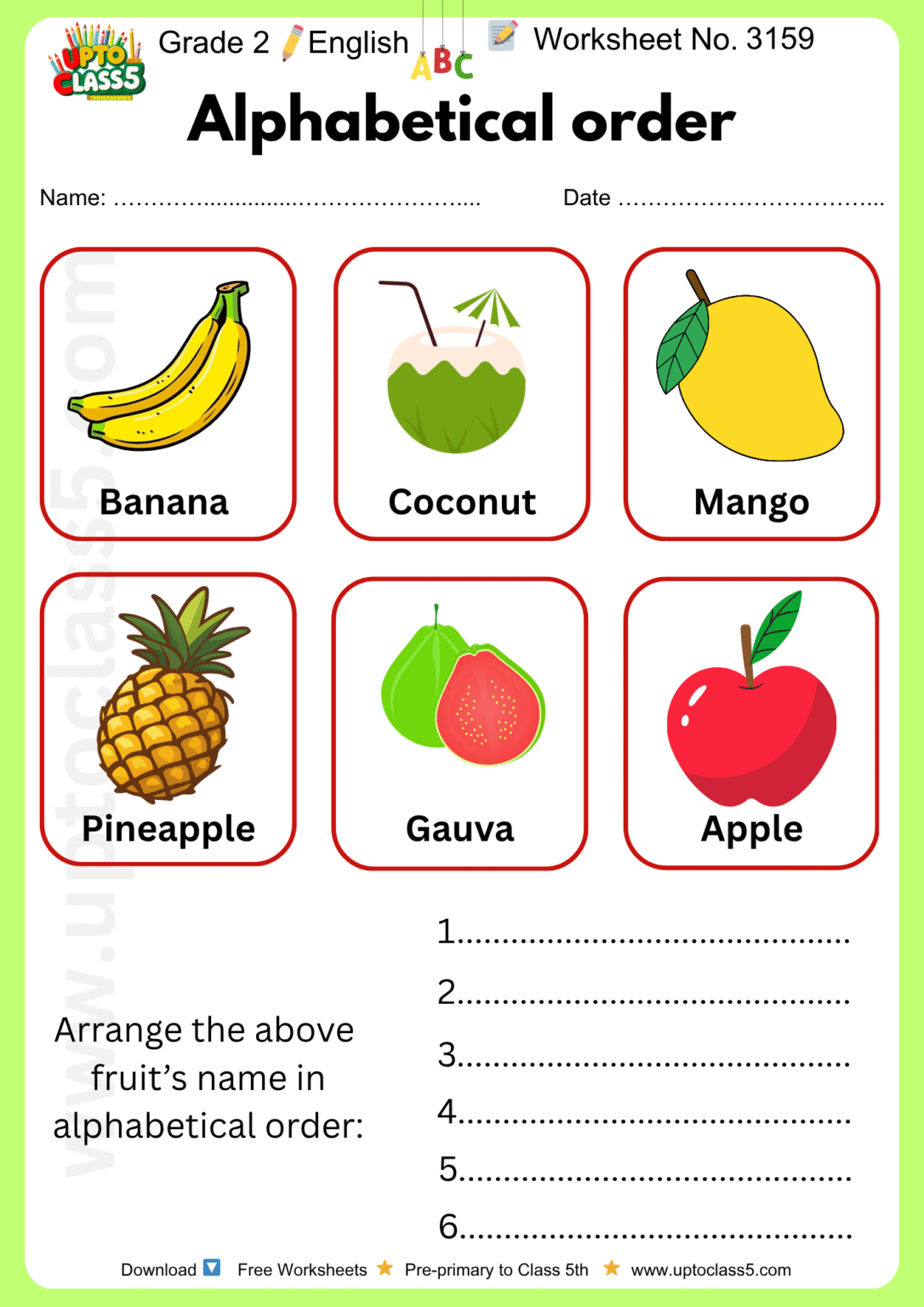 Grade 2 – English | Alphabetical Order | Worksheet no. 3159 - Upto Class 5