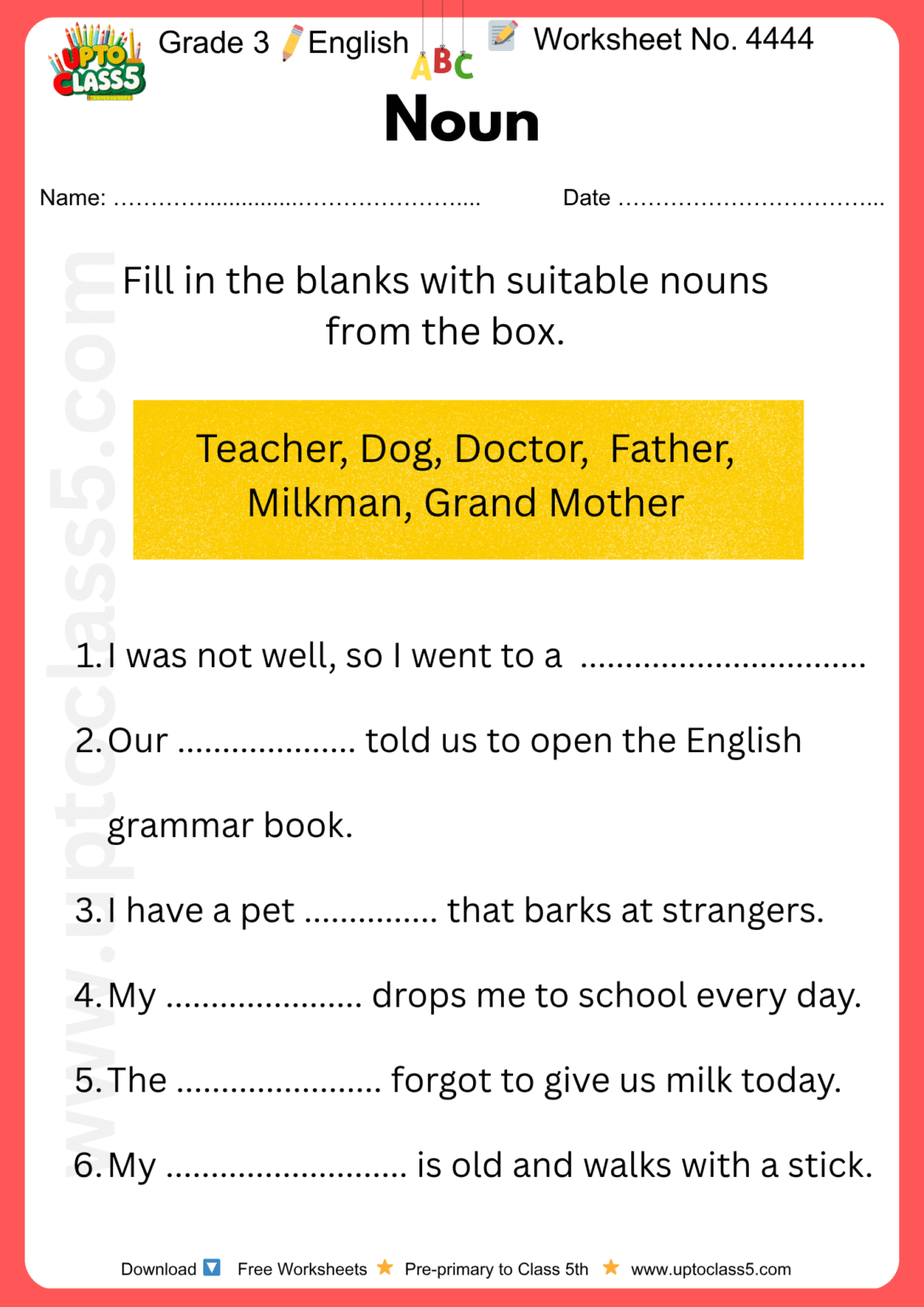 Grade 3 – English | Noun | Worksheet no. 4444 - Upto Class 5