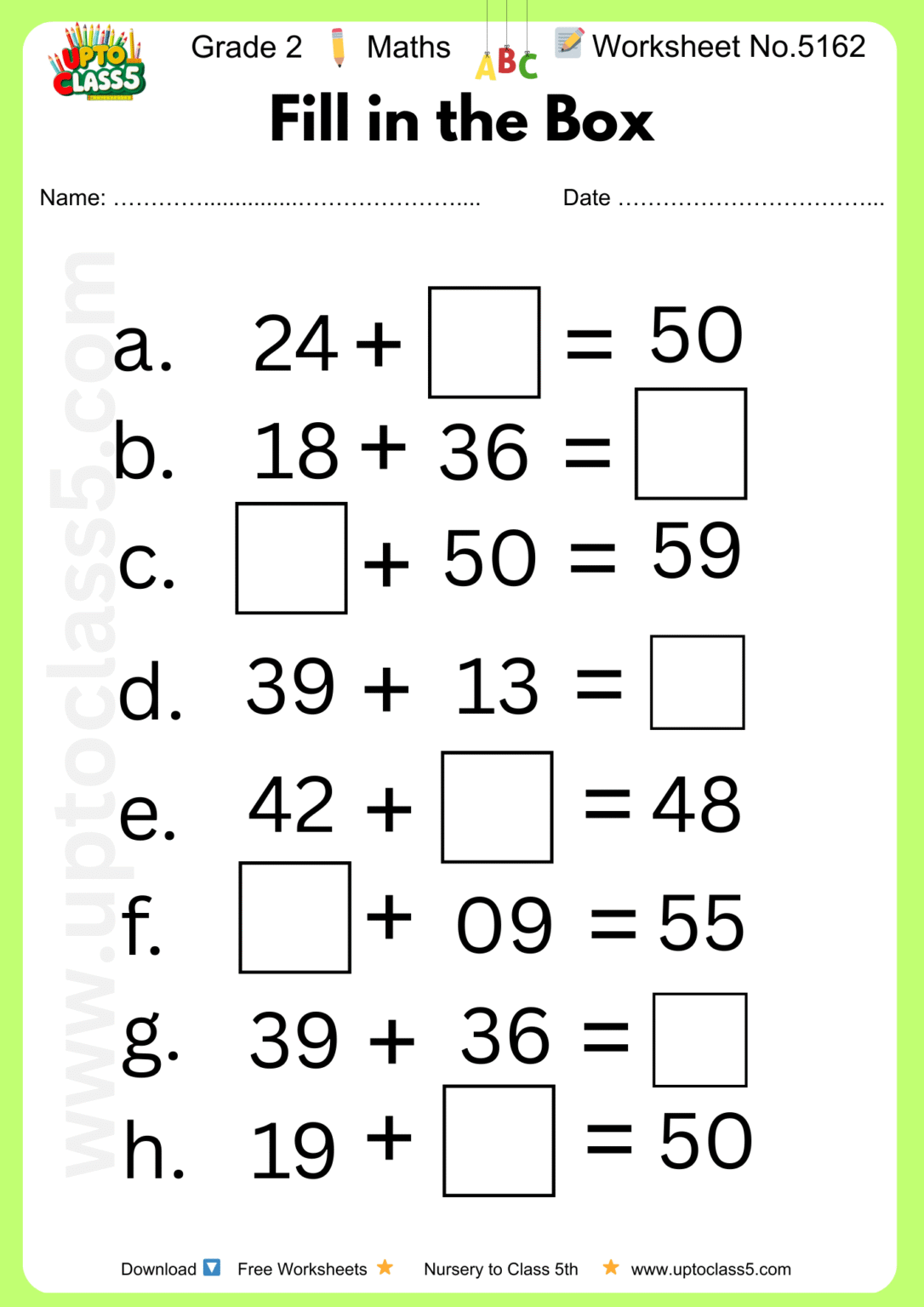 Grade 2 Maths Worksheet | Addition | No. 5162 - Upto Class 5