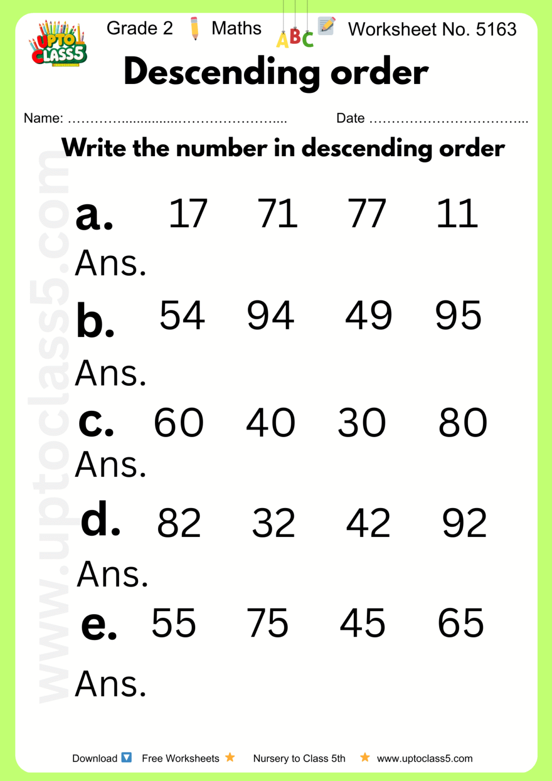 Grade 2 Maths Worksheet | Descending Order | no. 5163 - Upto Class 5