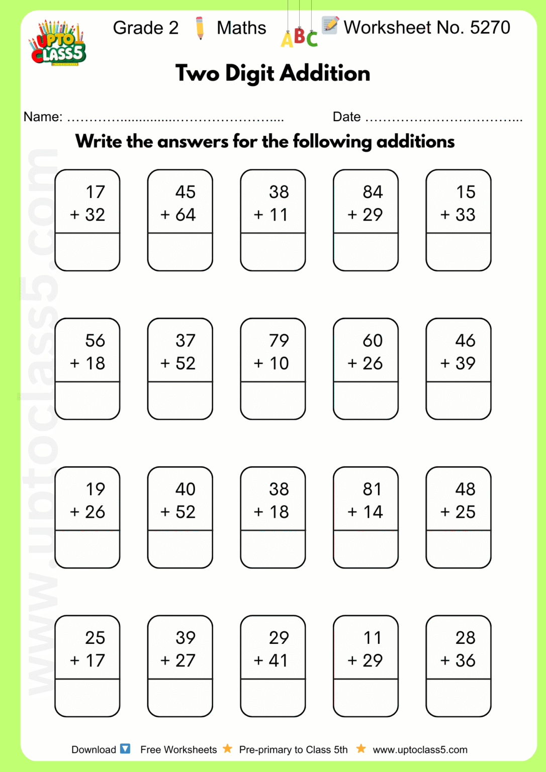 Grade 2 Maths Worksheet | 2-Digit Addition | No. 5270 - Upto Class 5