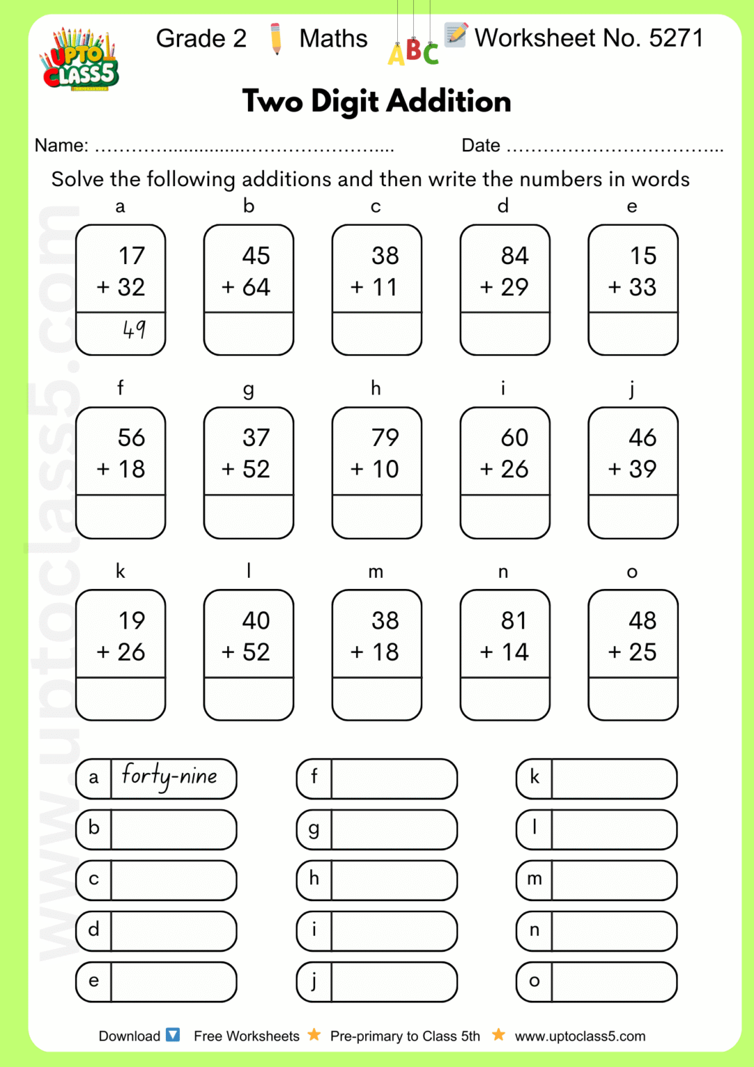 Grade 2 Maths Worksheet | 2-Digit Addition | No. 5271 - Upto Class 5