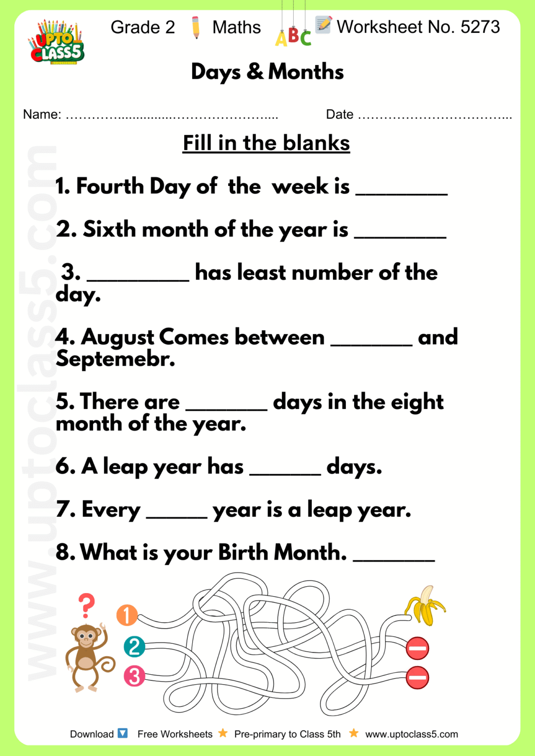 Grade 2 Maths Worksheet | Days & Months | No. 5273 - Upto Class 5