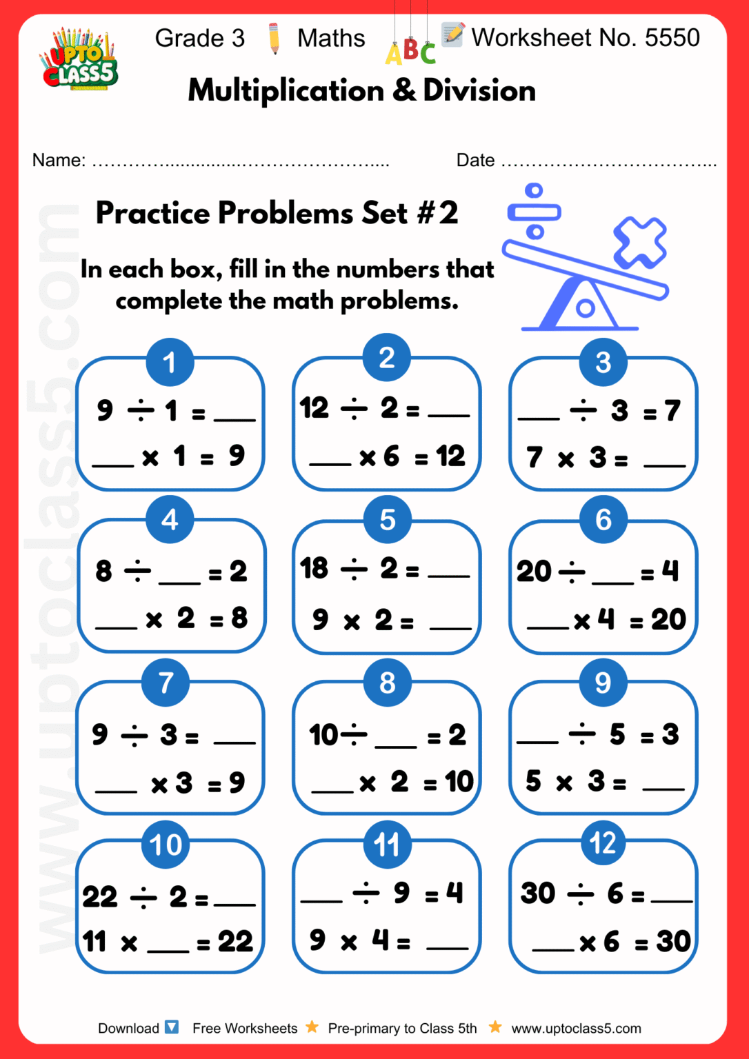 Grade 3 Maths Worksheet | Multiplication & Division | No. 5550 - Upto ...