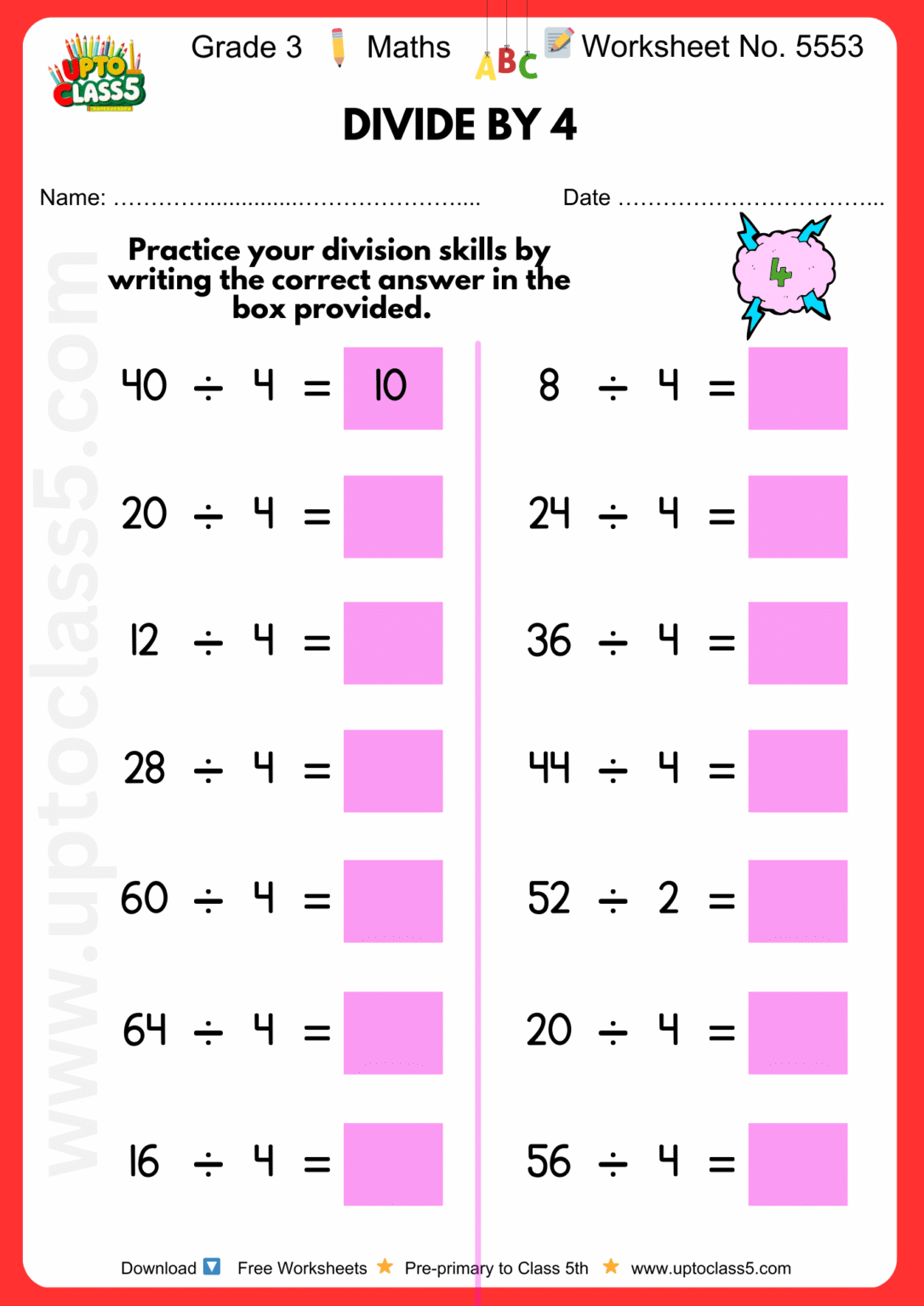 Grade 3 Maths Worksheet | Divide by 4 | No. 5553 - Upto Class 5