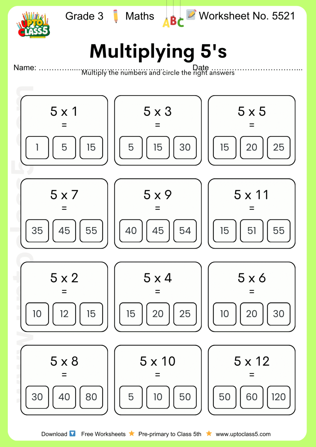 Grade 3 Maths Worksheet | Multiplication | No. 5521 - Upto Class 5