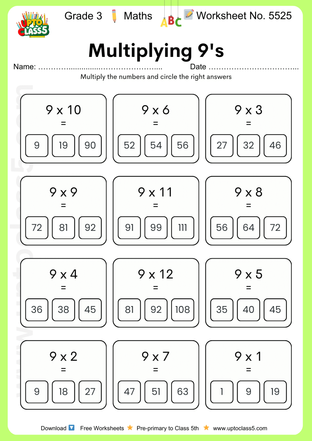 Grade 3 Maths Worksheet | Multiplication | No. 5525 - Upto Class 5