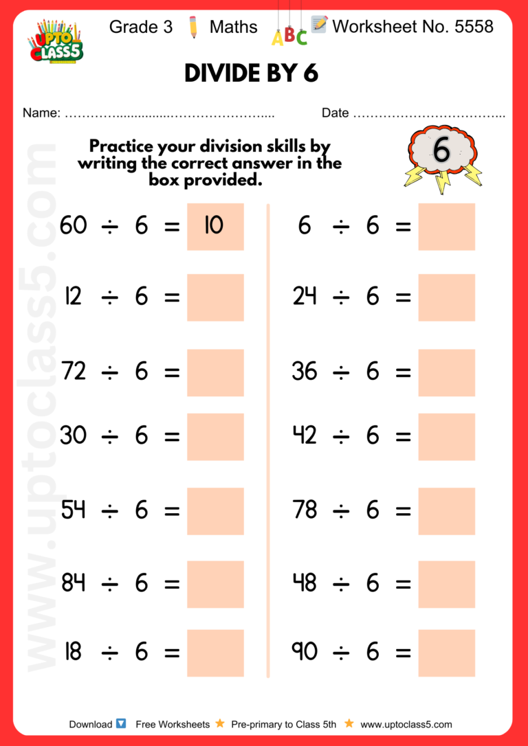 Grade 2 Maths Worksheet | Divide by 6 | No. 5558 - Upto Class 5